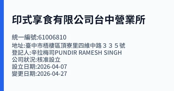 印式享食有限公司台中營業所的照片-統編 61006810(臺中市) 公司登記資料與營業項目詳細圖表