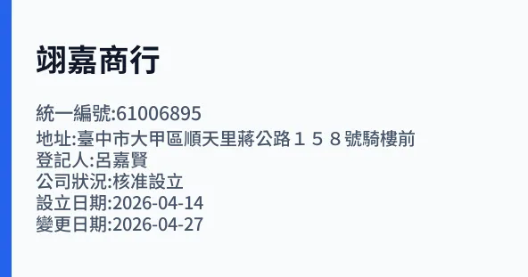 翊嘉商行的照片-統編 61006895(臺中市) 公司登記資料與營業項目詳細圖表