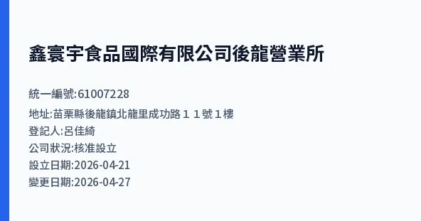 鑫寰宇食品國際有限公司後龍營業所的照片-統編 61007228(苗栗縣) 公司登記資料與營業項目詳細圖表