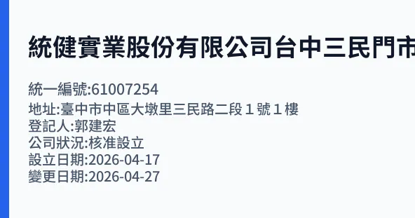 統健實業股份有限公司台中三民門市的照片-統編 61007254(臺中市) 公司登記資料與營業項目詳細圖表