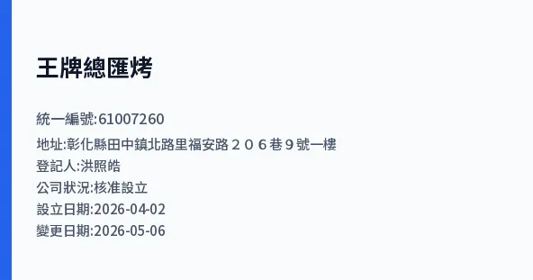 王牌總匯烤的照片-統編 61007260(彰化縣) 公司登記資料與營業項目詳細圖表