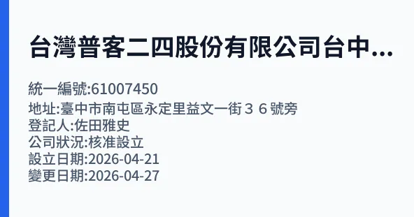 台灣普客二四股份有限公司台中益文一街停車場的照片-統編 61007450(臺中市) 公司登記資料與營業項目詳細圖表