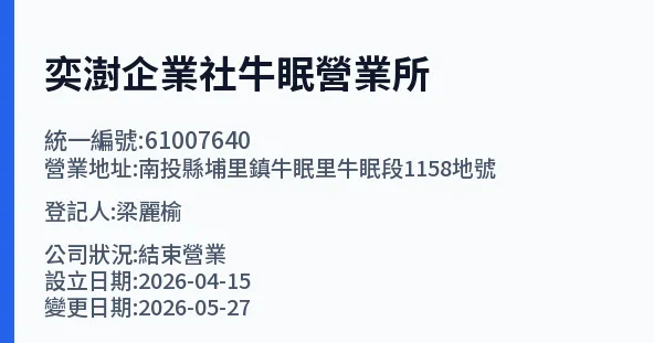 奕澍企業社牛眠營業所的照片-統編 61007640(南投縣) 公司登記資料與營業項目詳細圖表