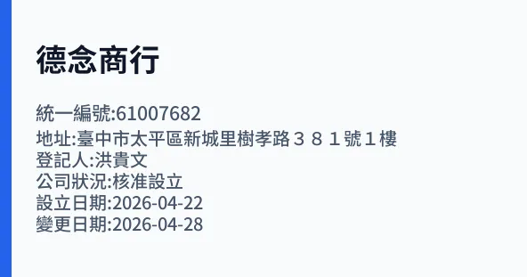 德念商行的照片-統編 61007682(臺中市) 公司登記資料與營業項目詳細圖表