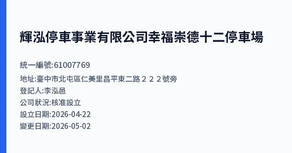 輝泓停車事業有限公司幸福崇德十二停車場的照片-統編 61007769(臺中市) 公司登記資料與營業項目詳細圖表