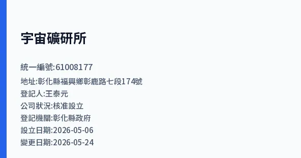宇宙礦研所的照片-統編 61008177(彰化縣) 公司登記資料與營業項目詳細圖表