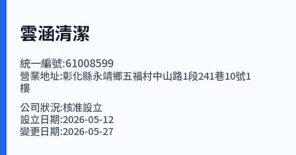雲涵清潔的照片-統編 61008599(彰化縣) 公司登記資料與營業項目詳細圖表