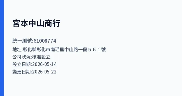 宮本中山商行的照片-統編 61008774(彰化縣) 公司登記資料與營業項目詳細圖表
