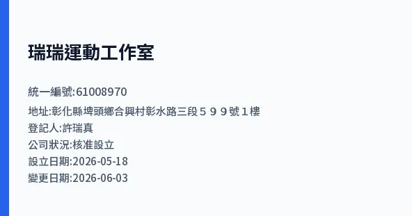 瑞瑞運動工作室的照片-統編 61008970(彰化縣) 公司登記資料與營業項目詳細圖表