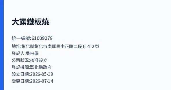 大饌鐵板燒的照片-統編 61009078 公司登記資料與營業項目詳細圖表