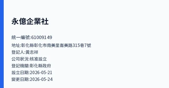 永億企業社的照片-統編 61009149(彰化縣) 公司登記資料與營業項目詳細圖表
