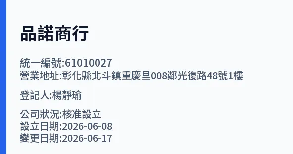 品諾商行的照片-統編 61010027(彰化縣) 公司登記資料與營業項目詳細圖表