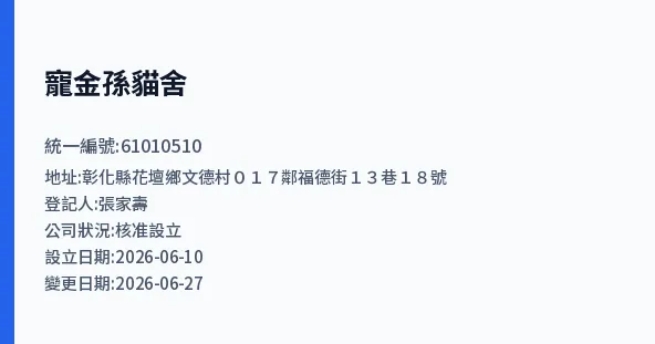 寵金孫貓舍的照片-統編 61010510(彰化縣) 公司登記資料與營業項目詳細圖表