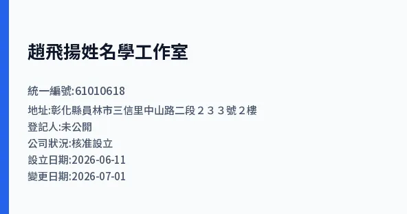 趙飛揚姓名學工作室的照片-統編 61010618(彰化縣) 公司登記資料與營業項目詳細圖表