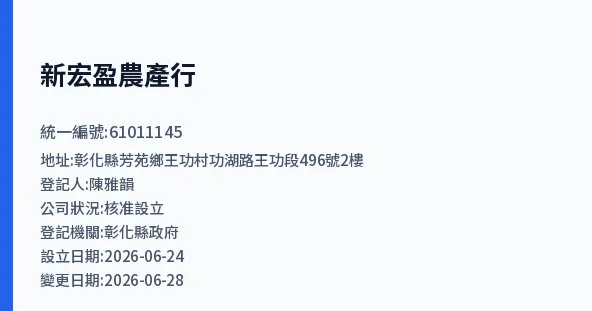 新宏盈農產行的照片-統編 61011145(彰化縣) 公司登記資料與營業項目詳細圖表