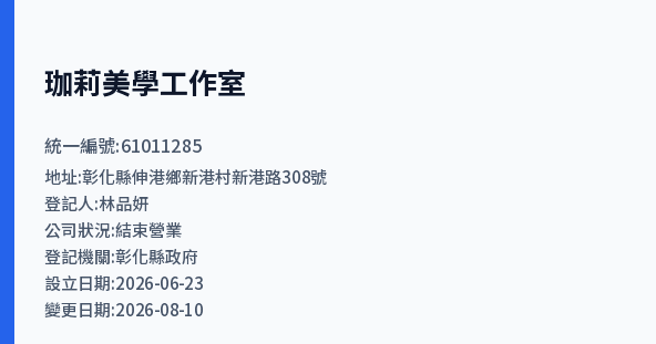 珈莉美學工作室的照片-統編 61011285(彰化縣) 公司登記資料與營業項目詳細圖表