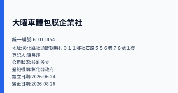 大曜車體包膜企業社的照片-統編 61011454(彰化縣) 公司登記資料與營業項目詳細圖表