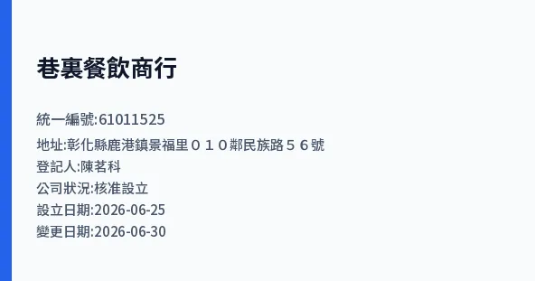 巷裏餐飲商行的照片-統編 61011525(彰化縣) 公司登記資料與營業項目詳細圖表