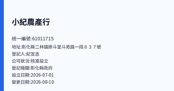 小紀農產行的照片-統編 61011715(彰化縣) 公司登記資料與營業項目詳細圖表