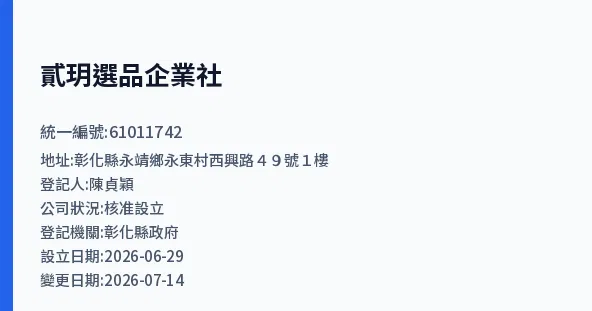 貳玥選品企業社的照片-統編 61011742(彰化縣) 公司登記資料與營業項目詳細圖表