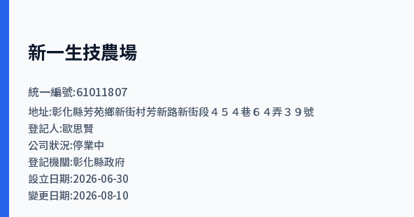 新一生技農場的照片-統編 61011807 公司登記資料與營業項目詳細圖表