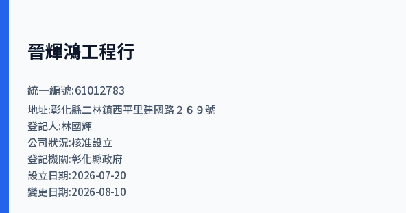 晉輝鴻工程行的照片-統編 61012783(彰化縣) 公司登記資料與營業項目詳細圖表