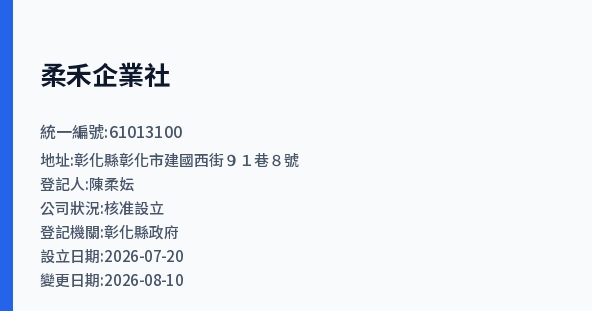 柔禾企業社的照片-統編 61013100(彰化縣) 公司登記資料與營業項目詳細圖表