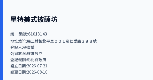 星特美式披薩坊的照片-統編 61013143(彰化縣) 公司登記資料與營業項目詳細圖表