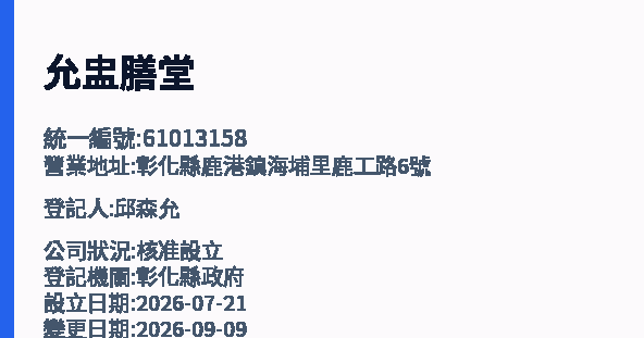 允盅膳堂的照片-統編 61013158(彰化縣) 公司登記資料與營業項目詳細圖表