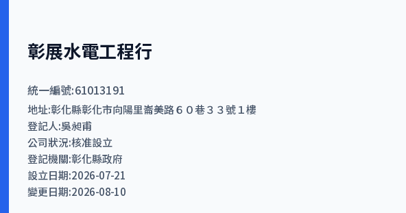 彰展水電工程行的照片-統編 61013191(彰化縣) 公司登記資料與營業項目詳細圖表