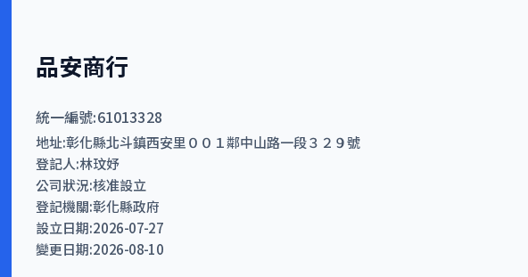 品安商行的照片-統編 61013328(彰化縣) 公司登記資料與營業項目詳細圖表