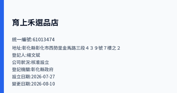 育上禾選品店的照片-統編 61013474(彰化縣) 公司登記資料與營業項目詳細圖表