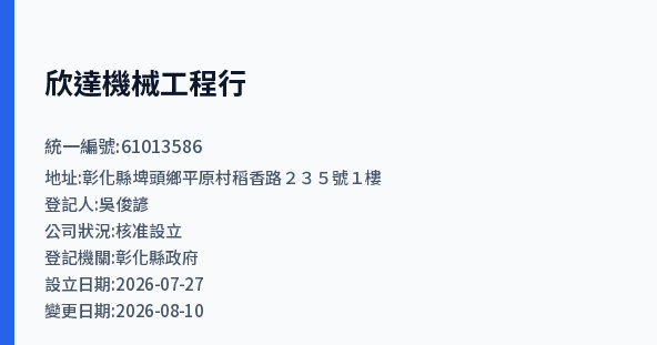 欣達機械工程行的照片-統編 61013586(彰化縣) 公司登記資料與營業項目詳細圖表