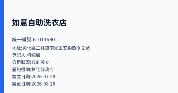 如意自助洗衣店的照片-統編 61013690(彰化縣) 公司登記資料與營業項目詳細圖表