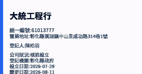 大統工程行的照片-統編 61013777(彰化縣) 公司登記資料與營業項目詳細圖表