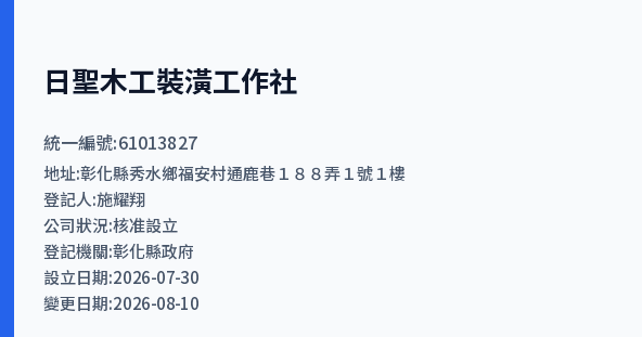 日聖木工裝潢工作社的照片-統編 61013827(彰化縣) 公司登記資料與營業項目詳細圖表