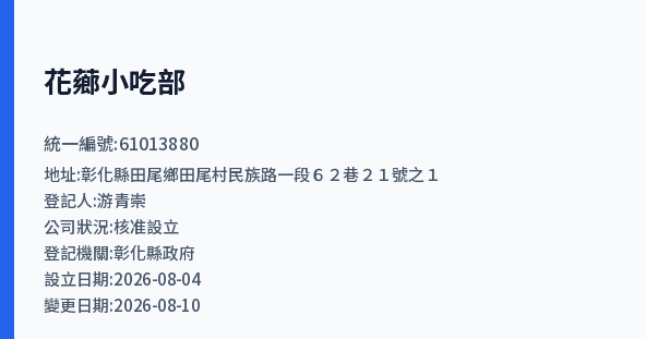 花薌小吃部的照片-統編 61013880(彰化縣) 公司登記資料與營業項目詳細圖表