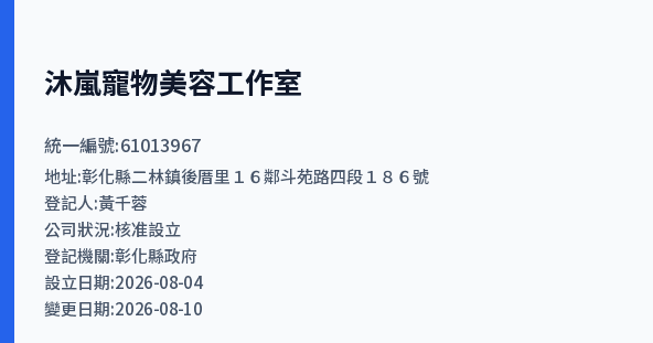 沐嵐寵物美容工作室的照片-統編 61013967(彰化縣) 公司登記資料與營業項目詳細圖表