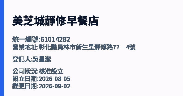 美芝城靜修早餐店的照片-統編 61014282(彰化縣) 公司登記資料與營業項目詳細圖表