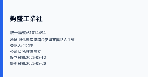 鈞盛工業社的照片-統編 61014494(彰化縣) 公司登記資料與營業項目詳細圖表