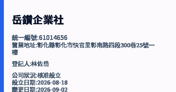 岳鑽企業社的照片-統編 61014656(彰化縣) 公司登記資料與營業項目詳細圖表