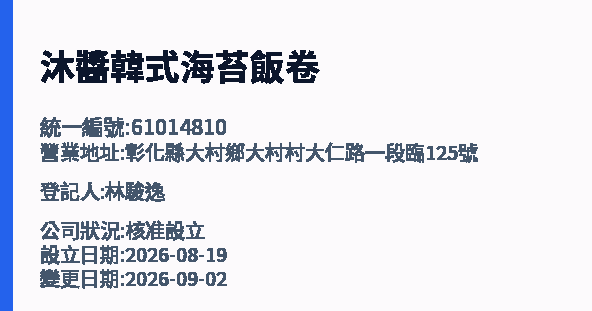 沐醬韓式海苔飯卷的照片-統編 61014810(彰化縣) 公司登記資料與營業項目詳細圖表
