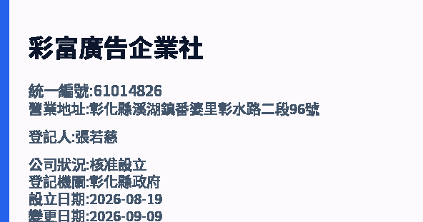 彩富廣告企業社的照片-統編 61014826(彰化縣) 公司登記資料與營業項目詳細圖表