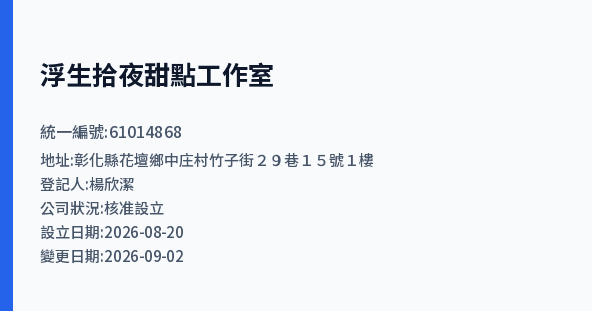 浮生拾夜甜點工作室的照片-統編 61014868(彰化縣) 公司登記資料與營業項目詳細圖表