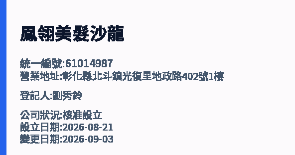 鳳翎美髮沙龍的照片-統編 61014987(彰化縣) 公司登記資料與營業項目詳細圖表