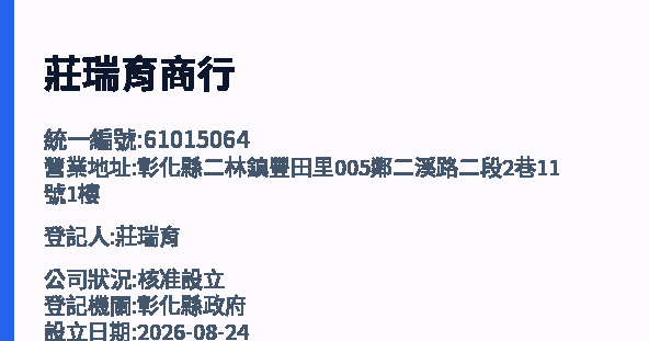 莊瑞育商行的照片-統編 61015064(彰化縣) 公司登記資料與營業項目詳細圖表