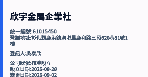 欣宇金屬企業社的照片-統編 61015450(彰化縣) 公司登記資料與營業項目詳細圖表