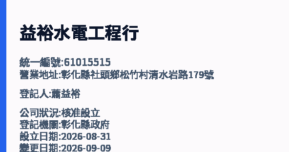 益裕水電工程行的照片-統編 61015515(彰化縣) 公司登記資料與營業項目詳細圖表