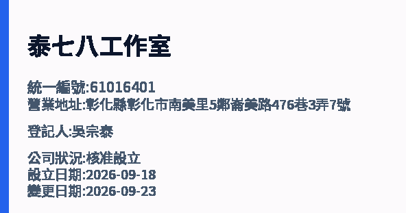 泰七八工作室的照片-統編 61016401(彰化縣) 公司登記資料與營業項目詳細圖表