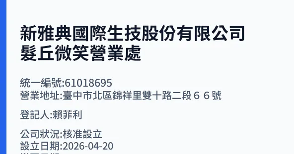 新雅典國際生技股份有限公司髮丘微笑營業處的照片-統編 61018695(臺中市) 公司登記資料與營業項目詳細圖表
